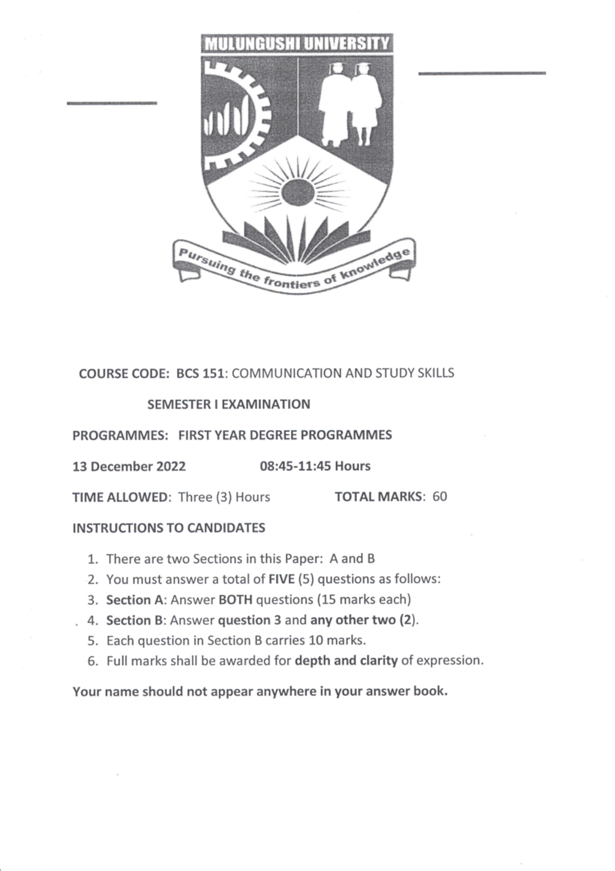 BCS 151 December, 2022 - COURSE CODE: BCS 151: COMMUNICATION AND STUDY ...
