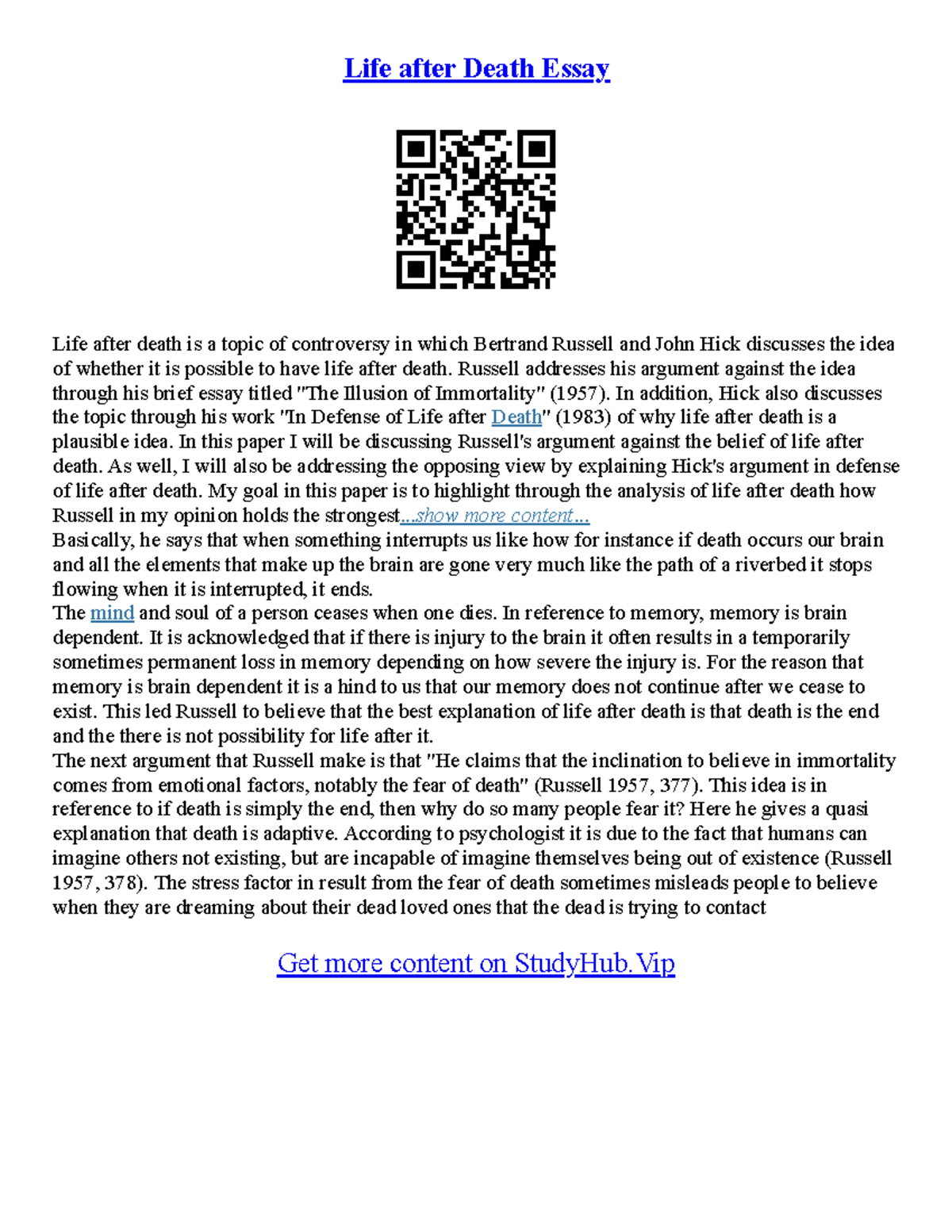 Essay On Life After Death - Life after Death Essay Life after death is ...