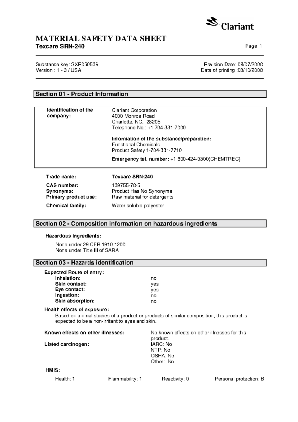 MSDS Texcare SRN 240 - MSDS - Texcare SRN-240 Page 1 Substance key: SXR060539 Revision Date: 08 ...