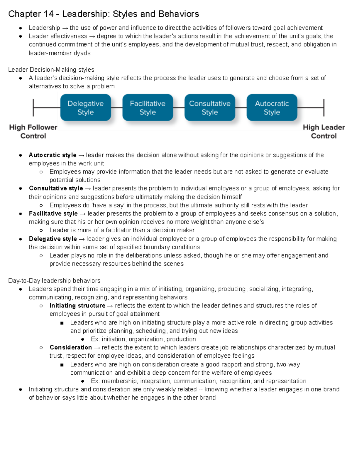 Chapter 14 Notes - Chapter 14 - Leadership: Styles and Behaviors ...