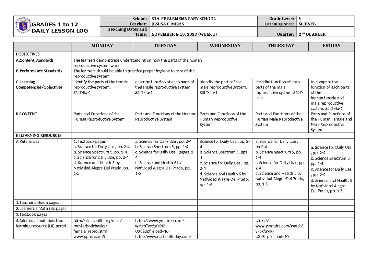 DLL Science 5 Q2 W1 - Notes - GRADES 1 to 12 DAILY LESSON LOG School ...