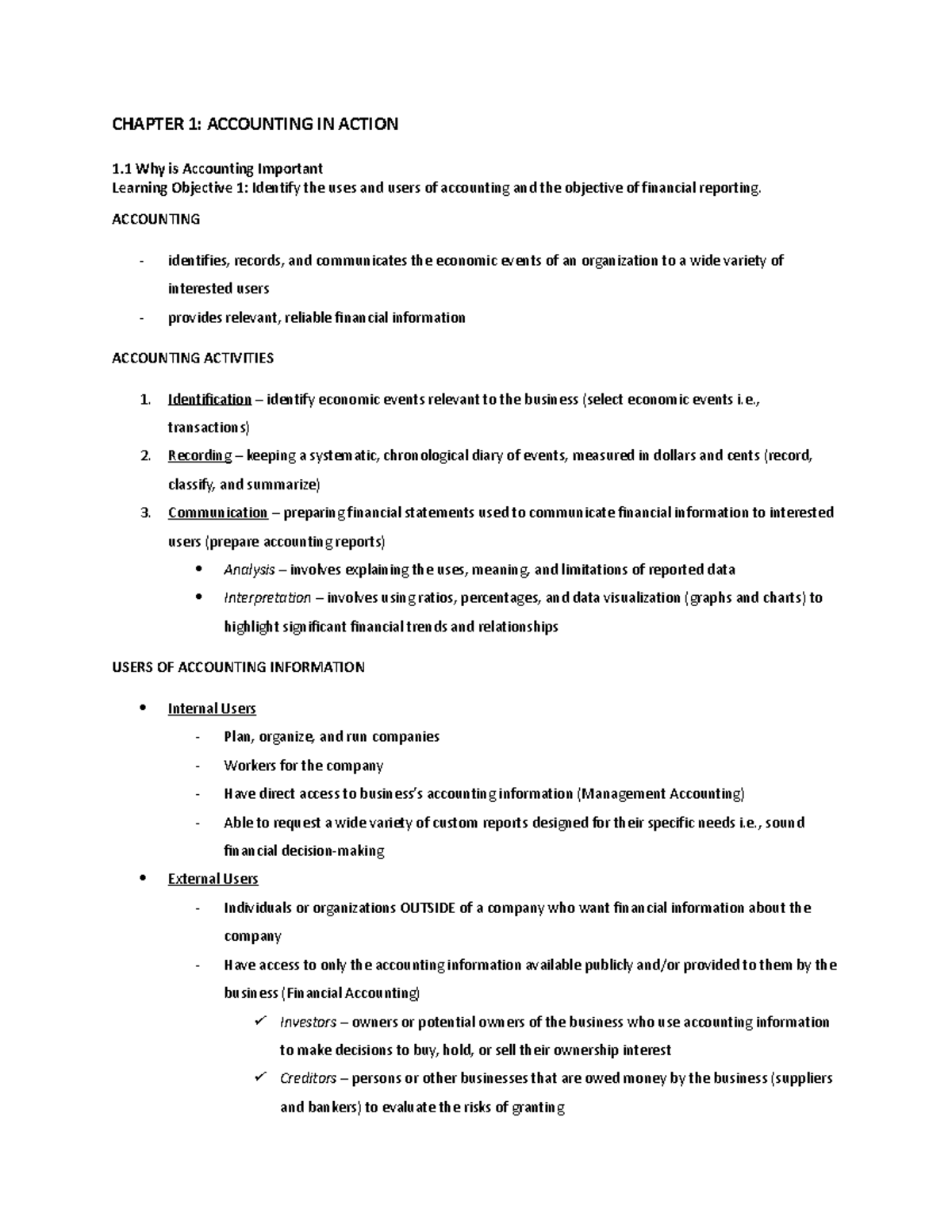 Chapter 1 - CHAPTER 1: ACCOUNTING IN ACTION 1 Why is Accounting Important Learning Objective 1 ...
