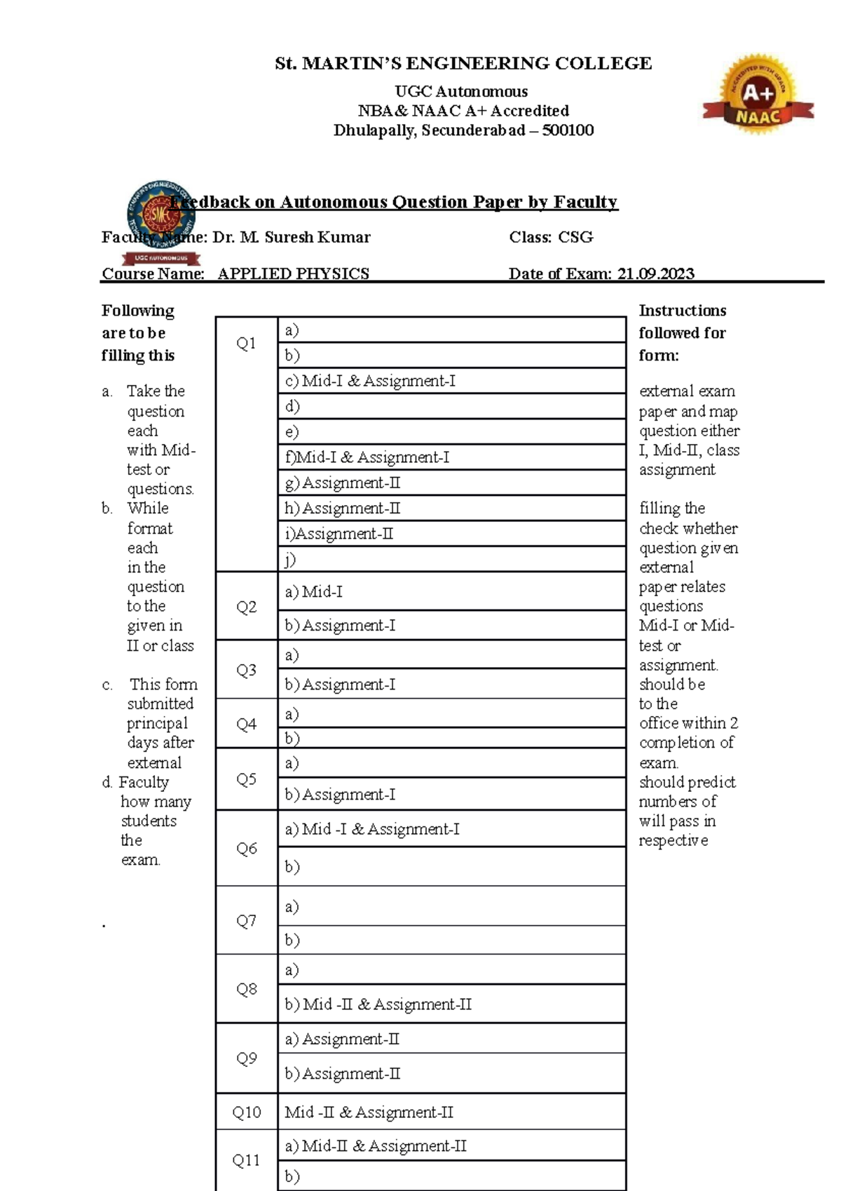 1. Autonomous Feedback FORM Sample Format SEM I CSE-A (15) - St. MARTIN ...