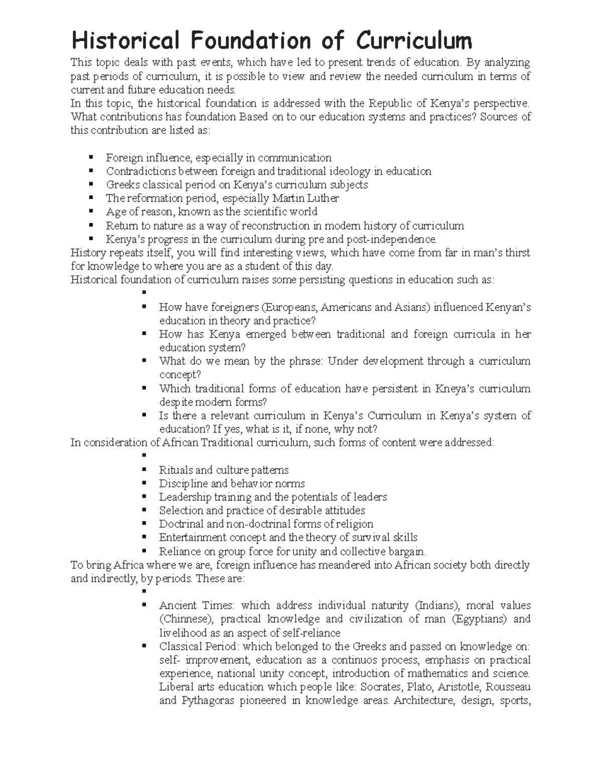 Historical Foundation of Curriculum - By analyzing past periods of ...