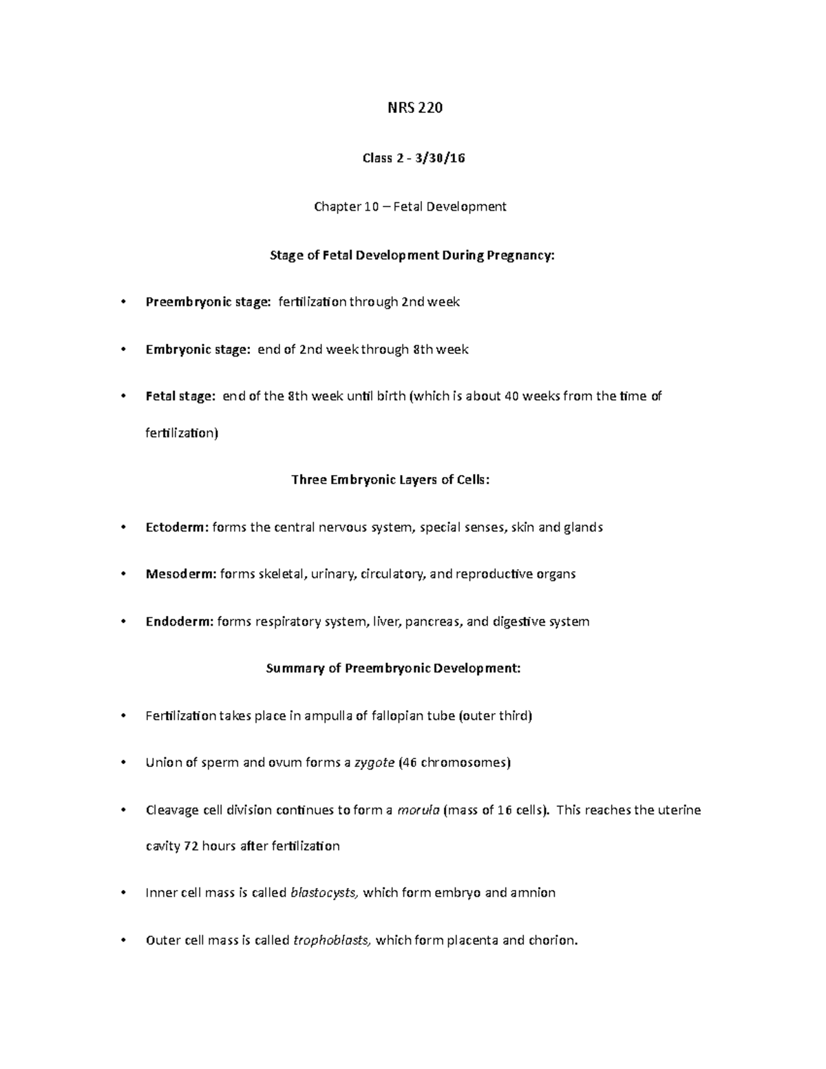 NRS 220 - Chapter 10 Notes - NRS 220 Class 2 - 3/30/ Chapter 10 – Fetal ...