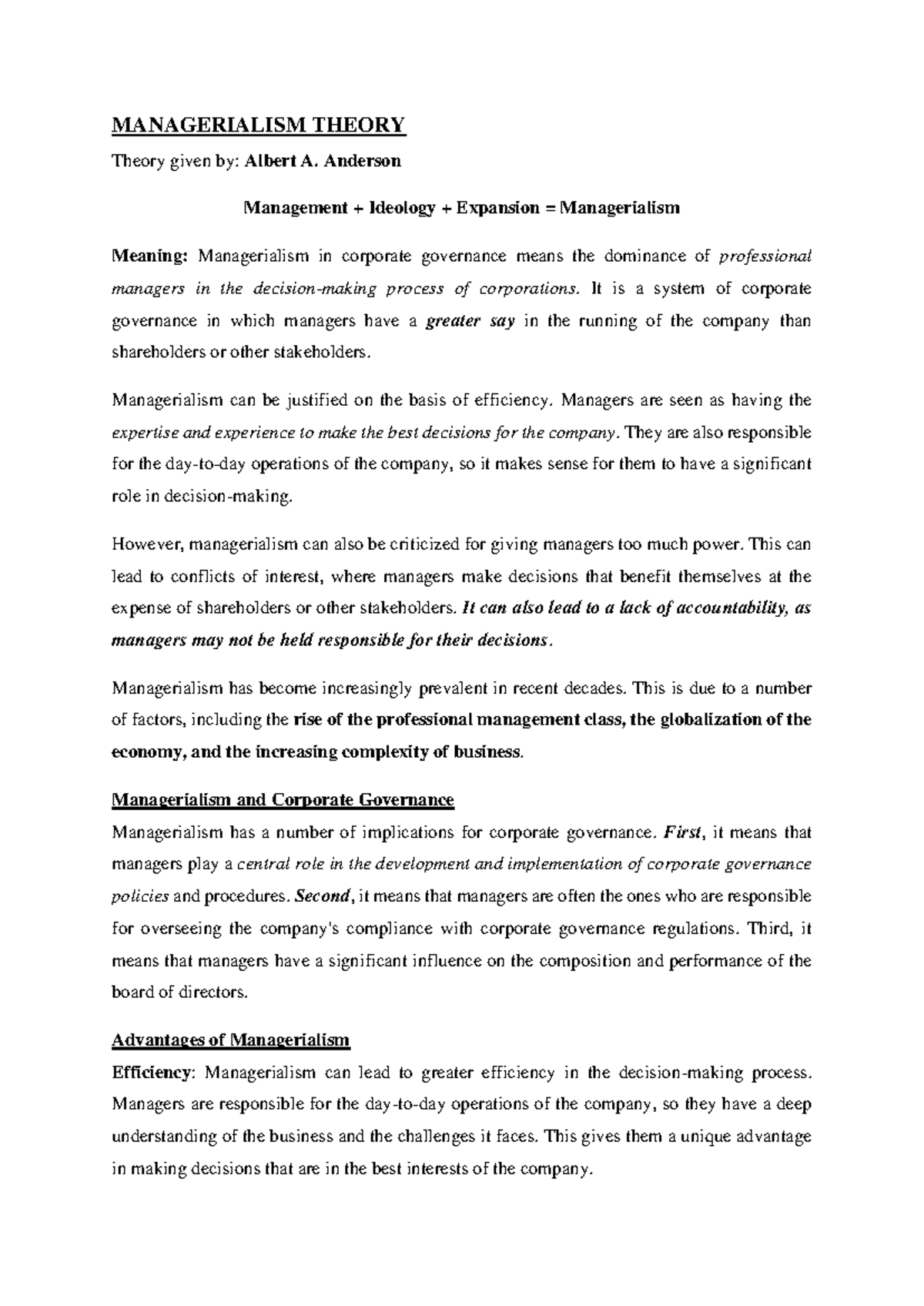 CLG - Theories - VHYVGBG, - MANAGERIALISM THEORY Theory given by ...