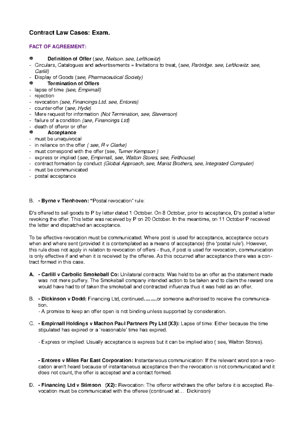 Contract LAW Cases - EXAM - Contract Law Cases: Exam. FACT OF AGREEMENT ...