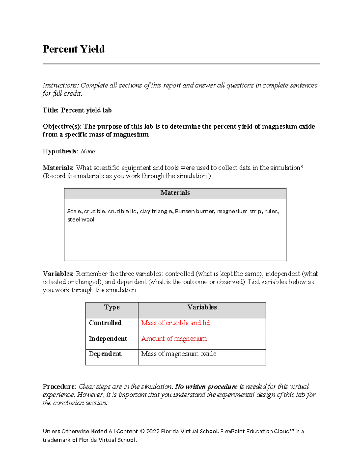 Worksheet 05 07 - Percent Yield Instructions: Complete all sections of ...