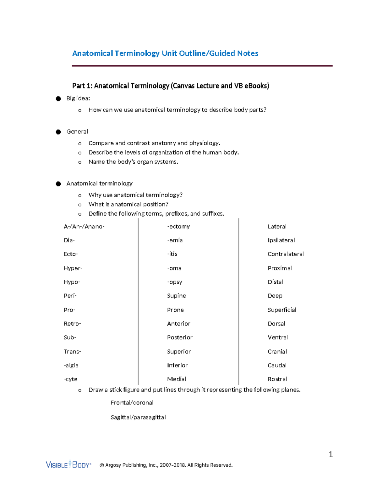 Anatomical Terminology Guided Outline Notes - Anatomical Terminology ...