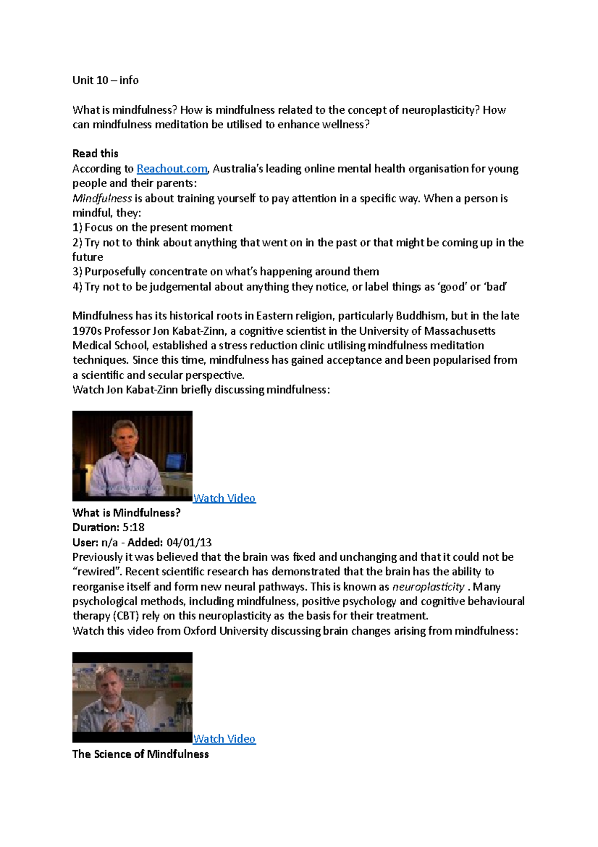 FHSN1030 Unit 10 - Unit 10 – info What is mindfulness? How is ...