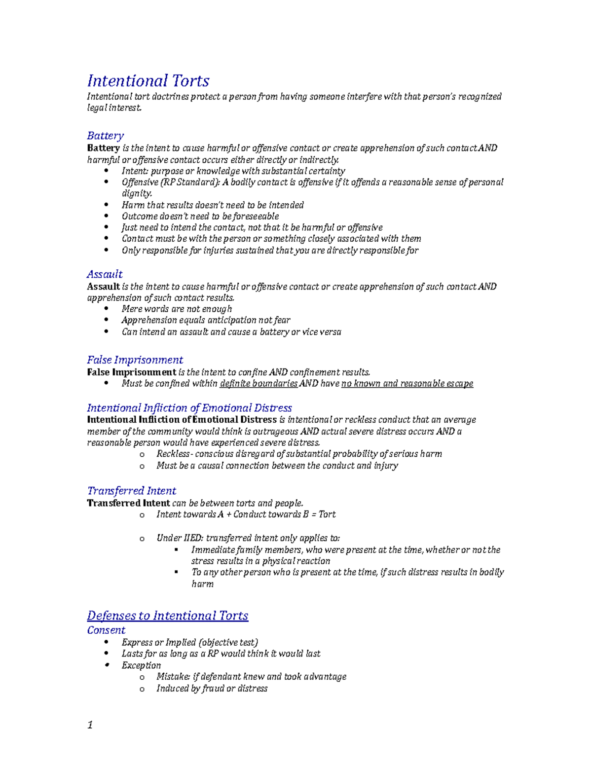 Copy of Torts Attack Outline-1 - Intentional Torts Intentional tort ...