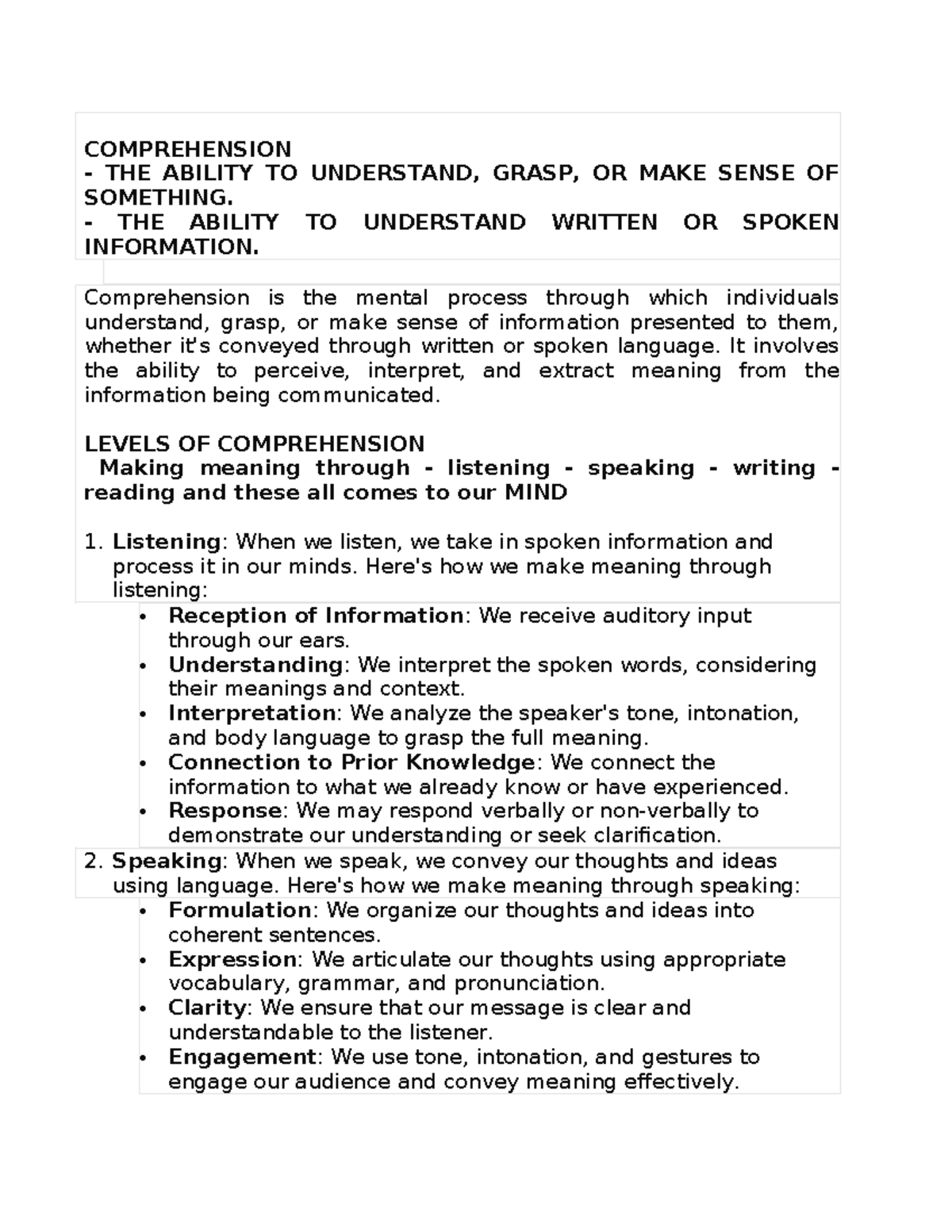 Levels of Comprehension guide - COMPREHENSION - THE ABILITY TO ...