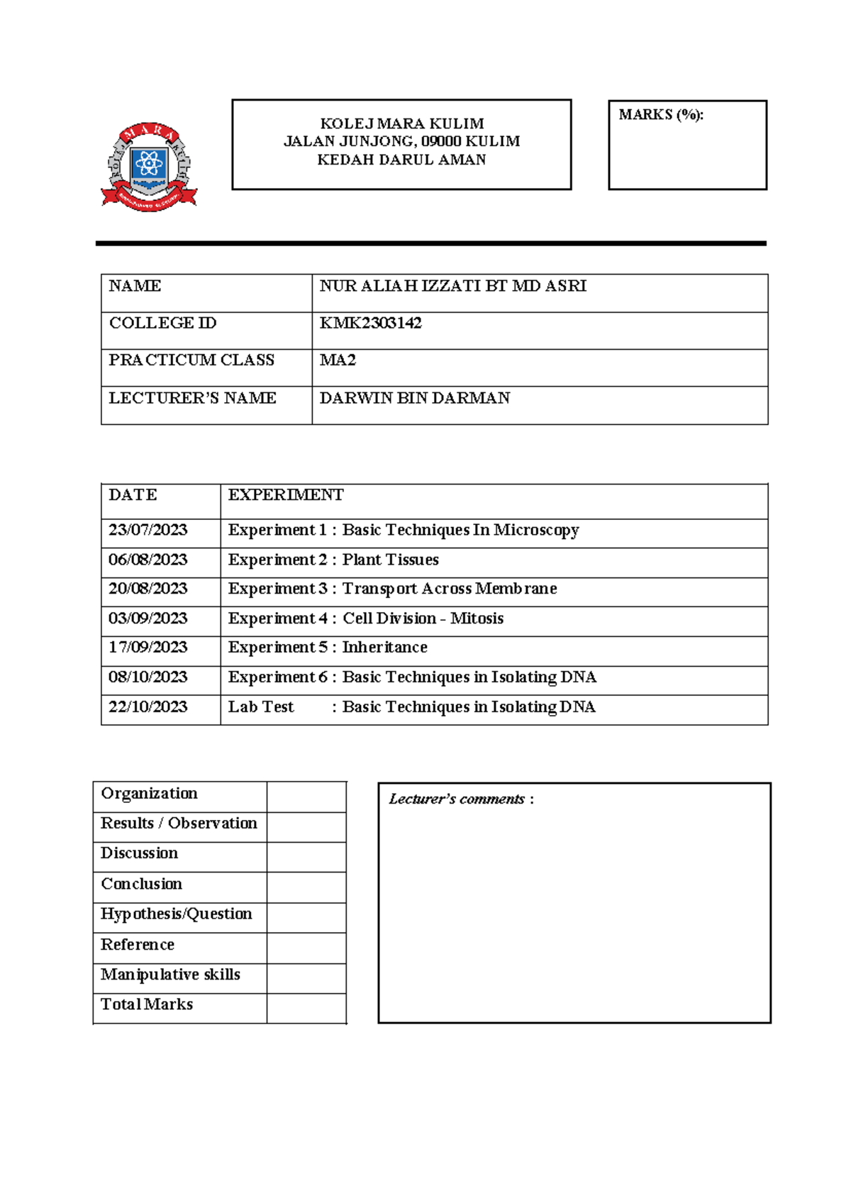 Lab Report Bio Practical Test NAME NUR ALIAH IZZATI BT MD ASRI lab-report-bio-practical-test-name-nur-aliah-izzati-bt-md-asri