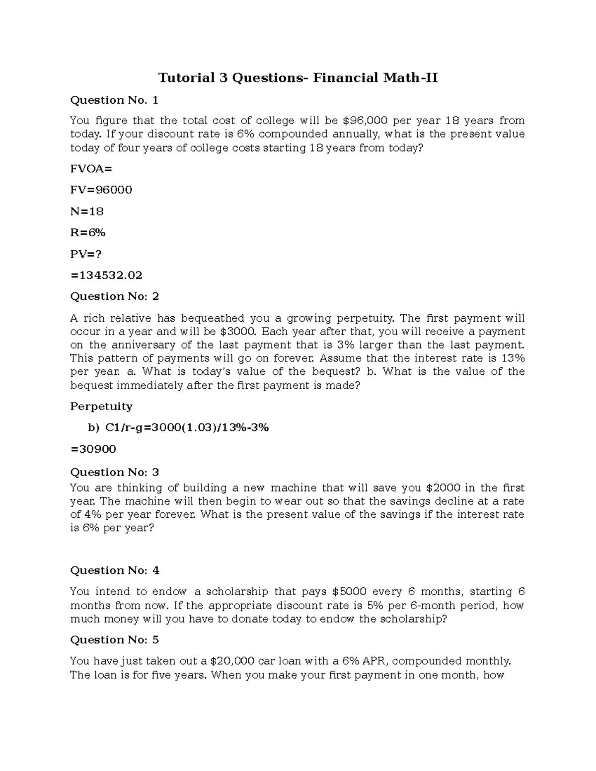 Tutorial 3 Questions Tutorial 3 Questions Financial Math Ii Question