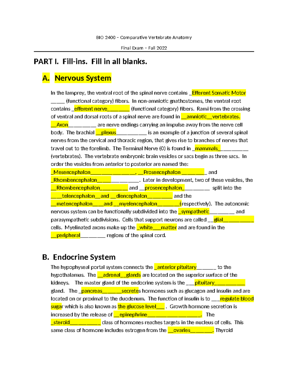 Anatomy Final 2022 - BIO 2400 – Comparative Vertebrate Anatomy Final ...