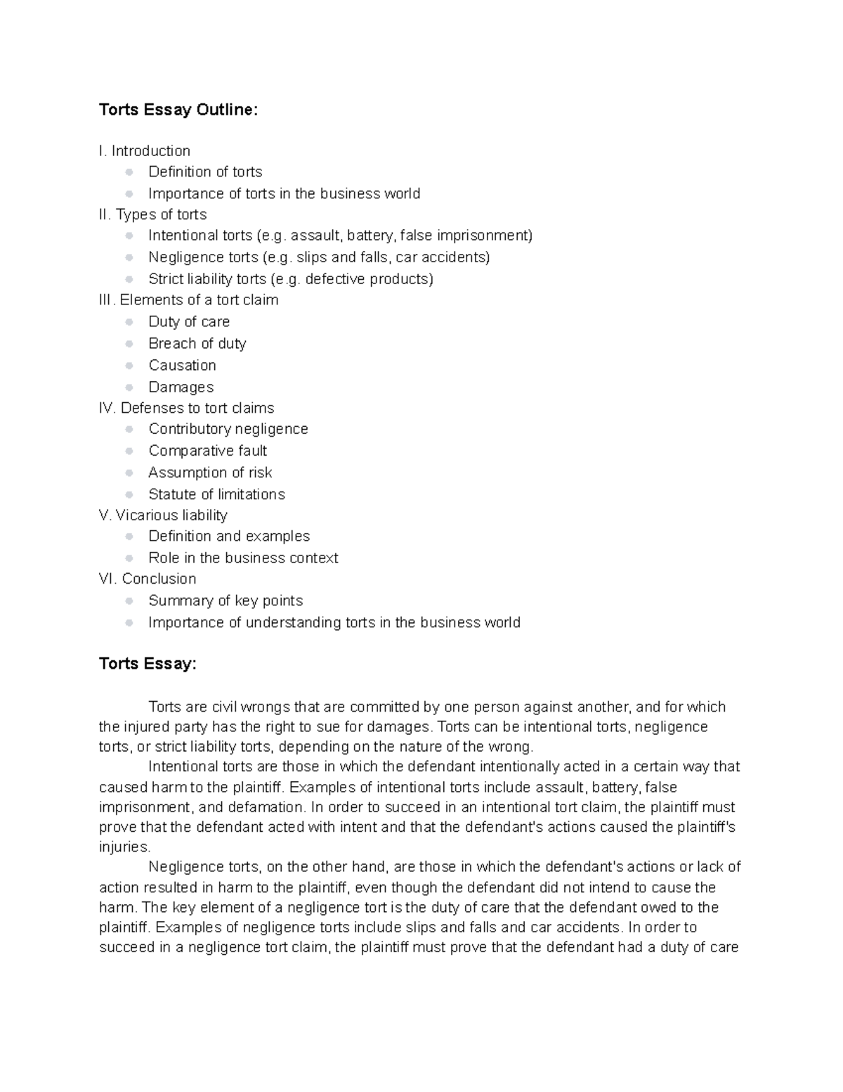 Business Law Essay + Outline on torts - Torts Essay Outline: I ...
