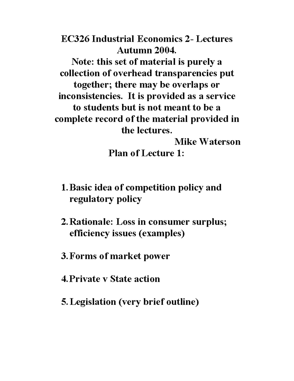 Ec326 ind econ1 - Economics concepts - EC326 Industrial Economics 2 ...