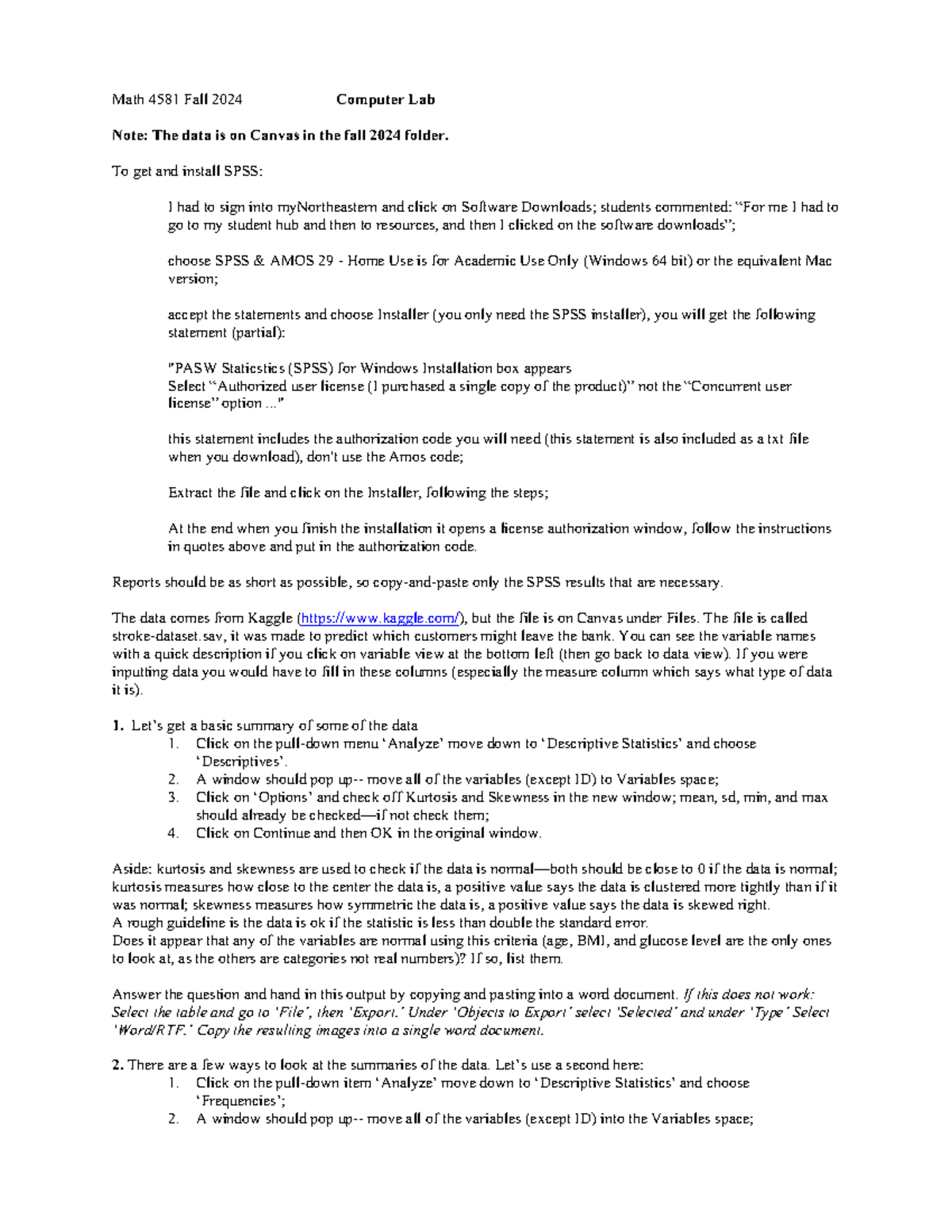 Computer Lab Comp Lab Math 4581 Fall 2024 Computer Lab Note The Data Is On Canvas In The