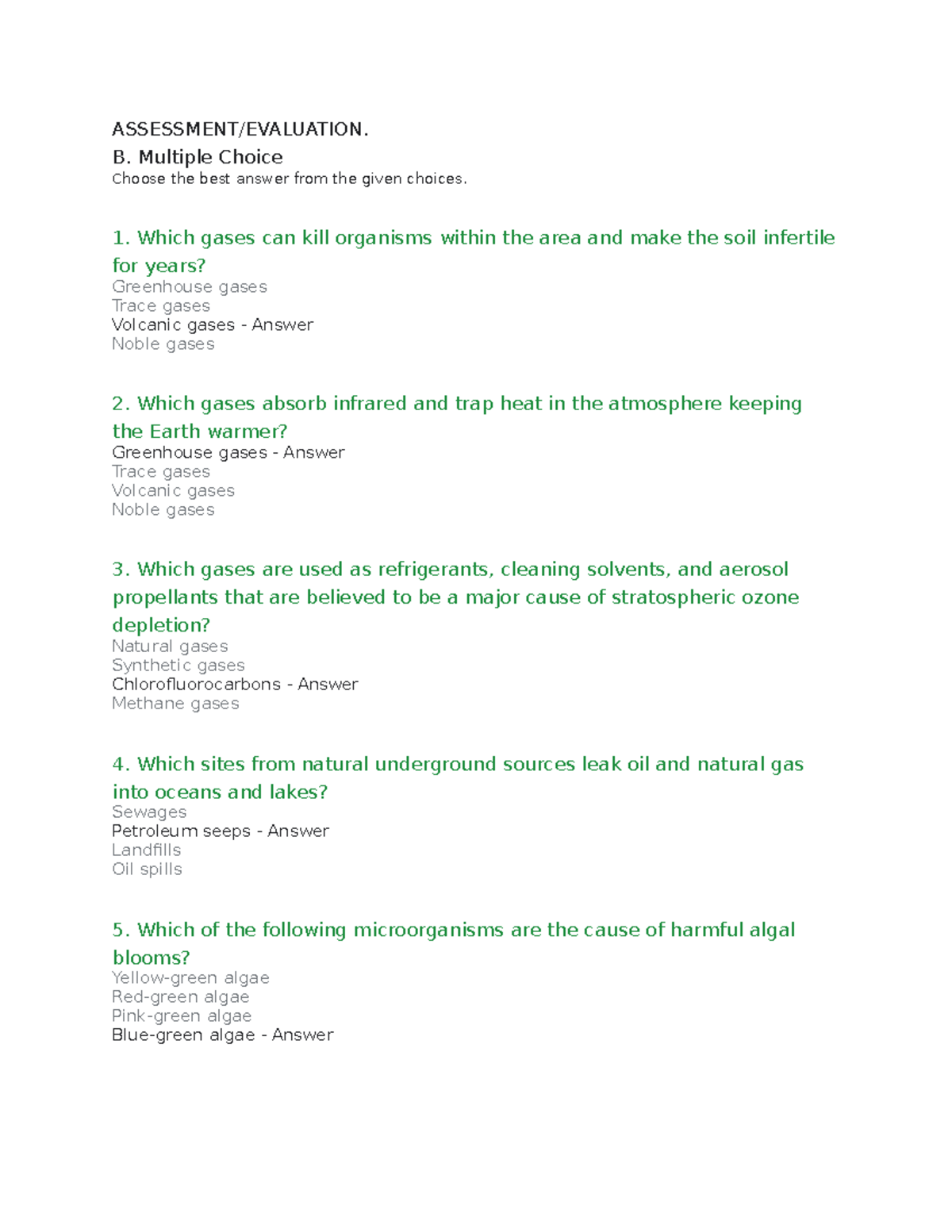 Environmental Science - Quiz - ASSESSMENT/EVALUATION. B. Multiple ...