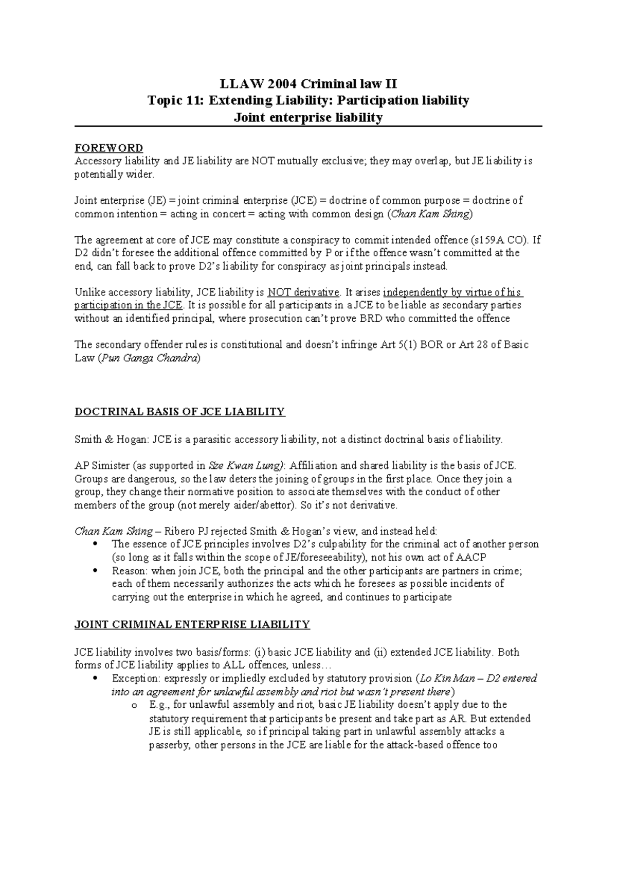 11 Notes Joint enterprise liability - LLAW 2004 Criminal law II Topic ...