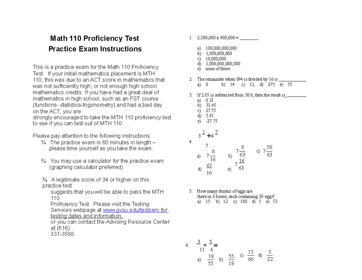 Mth 110 proficiency test practice exam june 2009 - Math 110 Proficiency ...