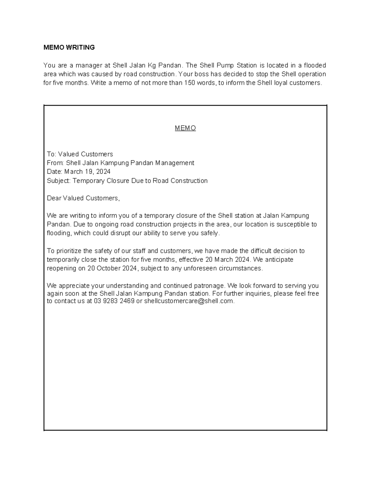 MEMO Writing - Exercise - MEMO WRITING You are a manager at Shell Jalan ...