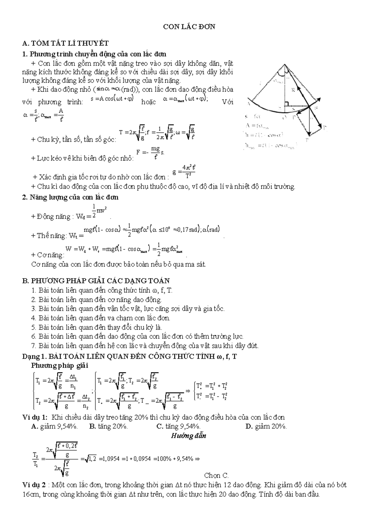 CON LẮC ĐƠN - hggs - CON LẮC ĐƠN A. TÓM TẮT LÍ THUYẾT 1. Phương trình ...