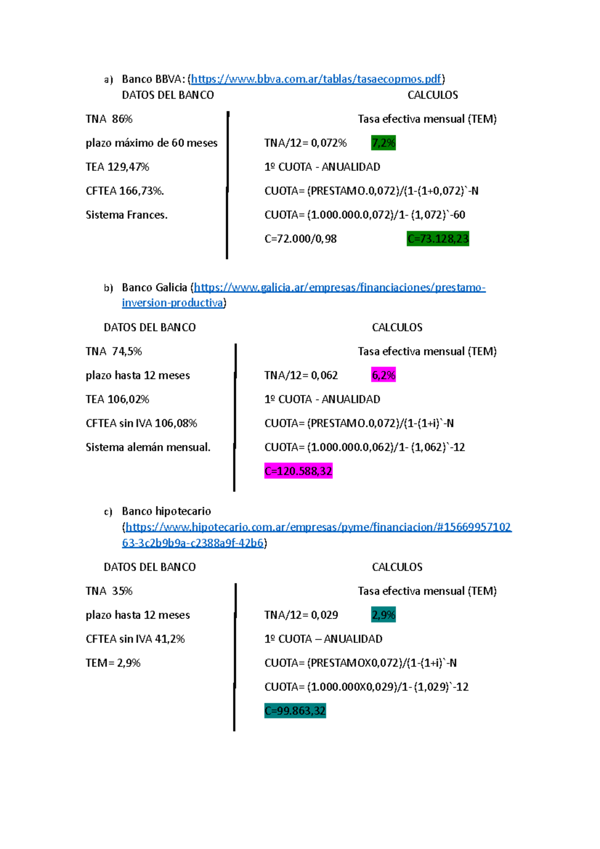 Tp 2 analisiscuantit financiero - a) Banco BBVA: (bbva.com/tablas/tasaecopmos.pdf) DATOS DEL ...