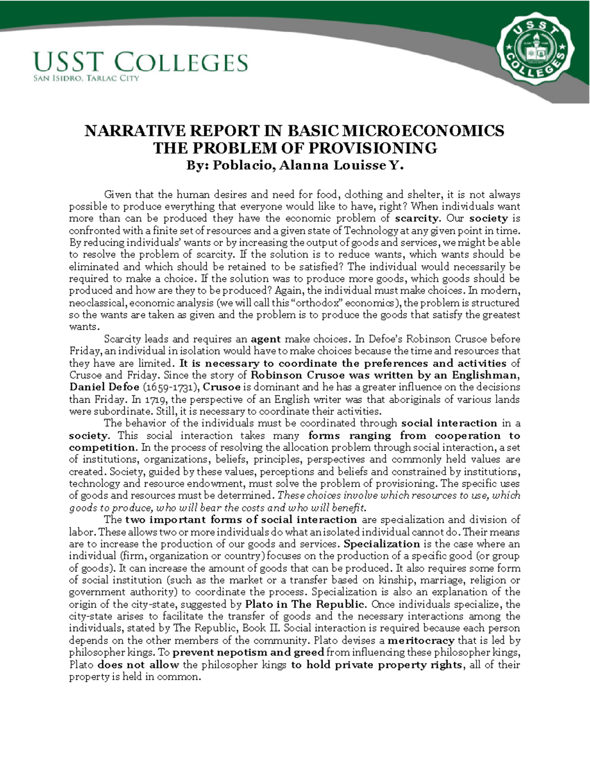 Basic Microeconomics Narrative report - NARRATIVE REPORT IN BASIC ...