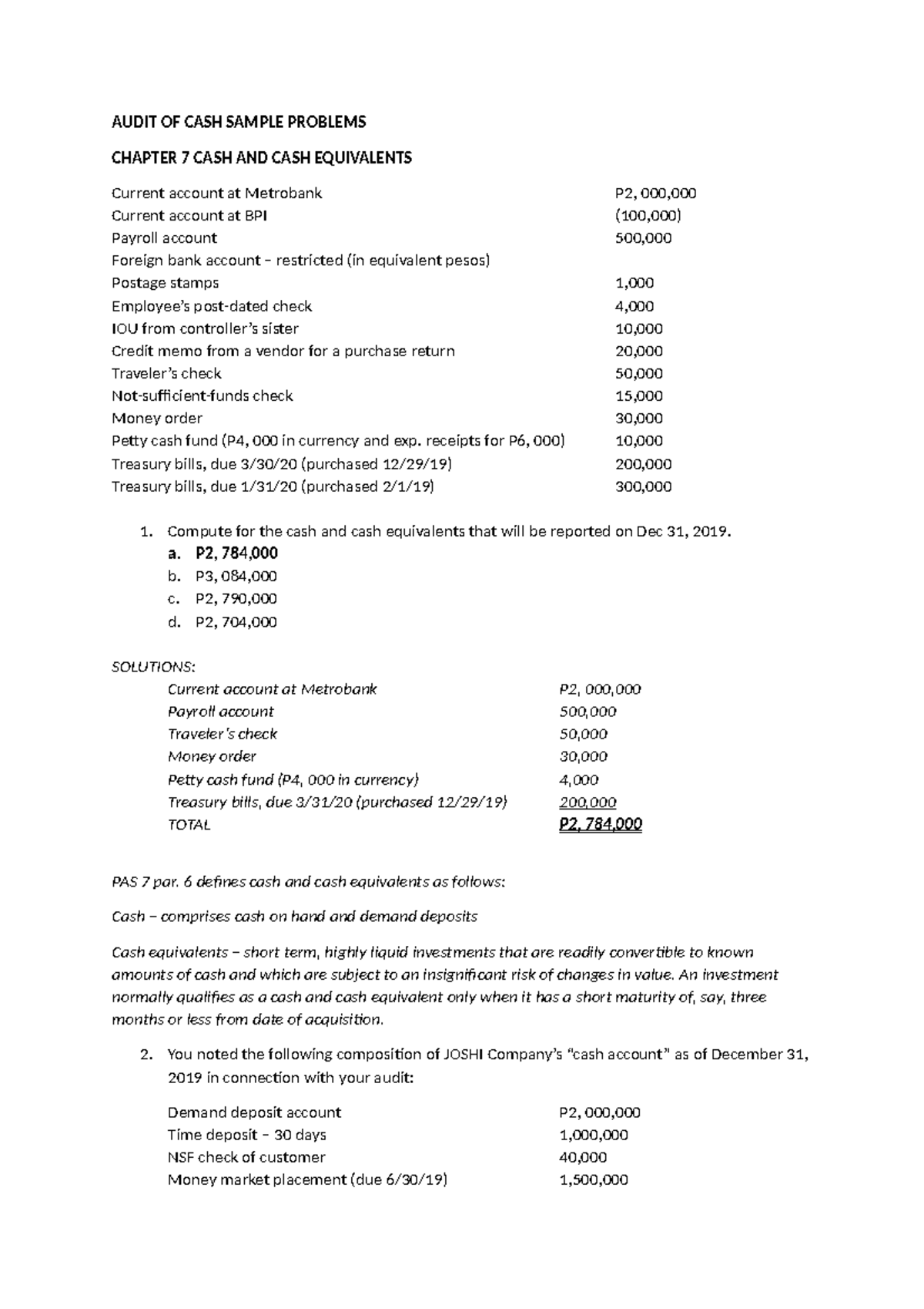 ACCP302 Project Questions - AUDIT OF CASH SAMPLE PROBLEMS CHAPTER 7 ...