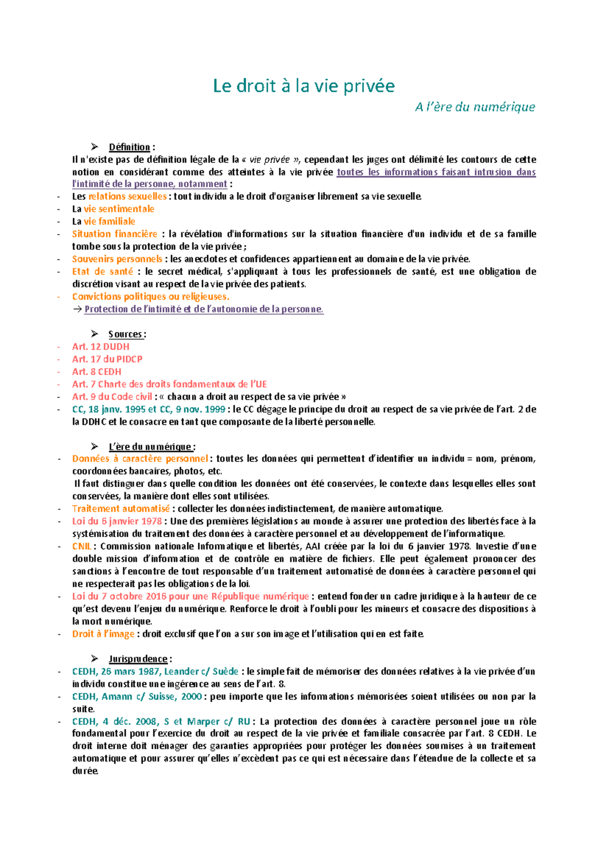 Fiche - Le droit à la vie privée - Le droit à la vie privée A l’ère du ...