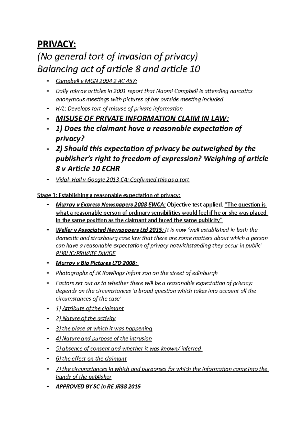 Privacy - PRIVACY: (No general tort of invasion of privacy) Balancing ...