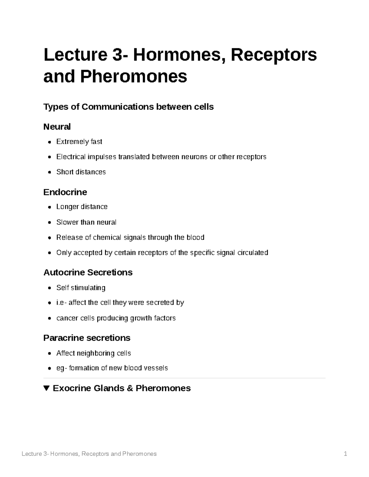 ZOOL20006- Hormones, Receptors and Pheromones LECTURE NOTES - Lecture 3 ...
