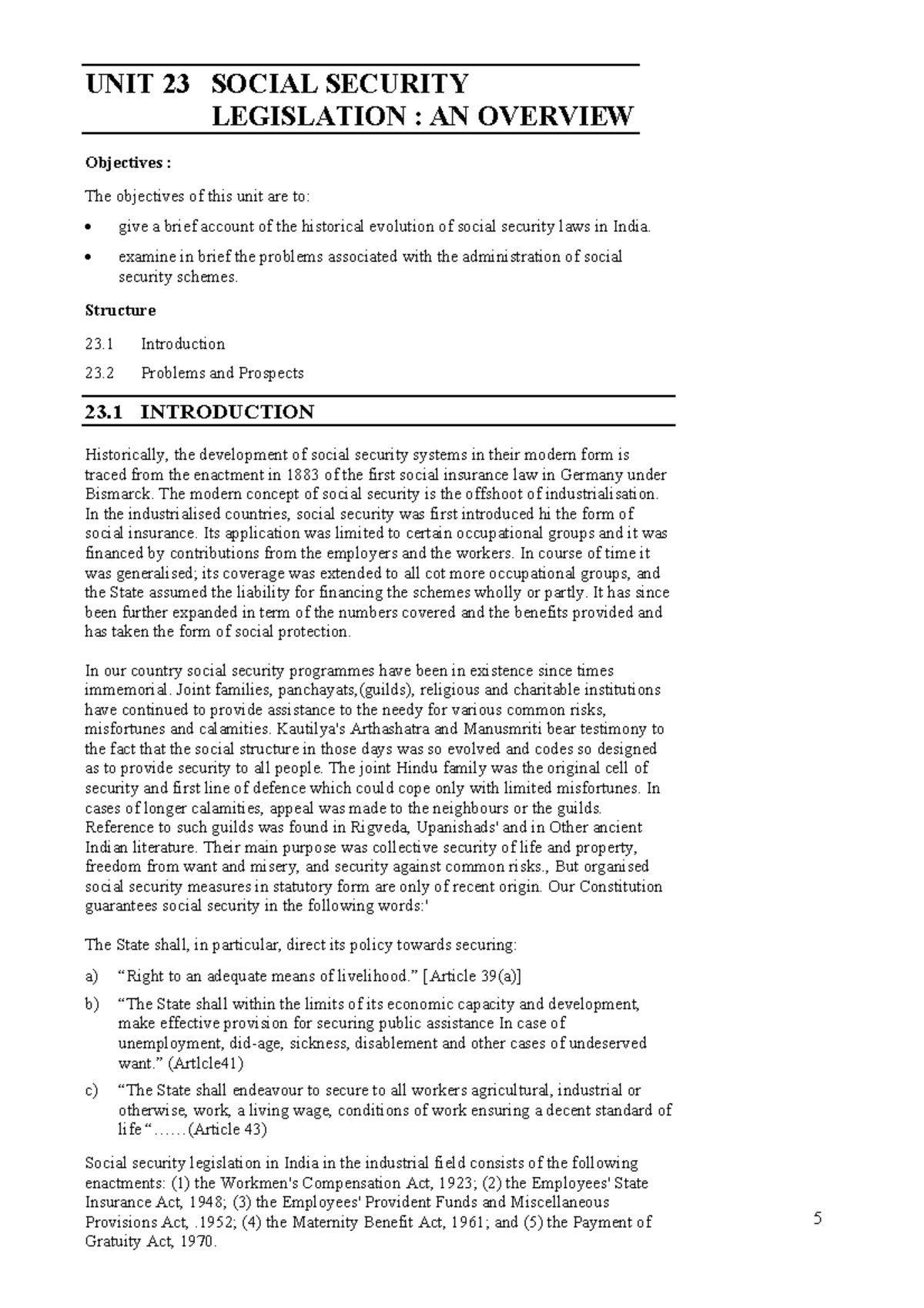 Unit-23 social-security - Social Security Legislation : An Overview ...