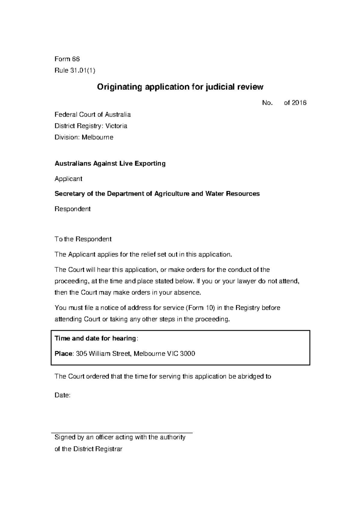 Sample Exemplar - 2021/2022 - Form 66 Rule 31(1) Originating ...