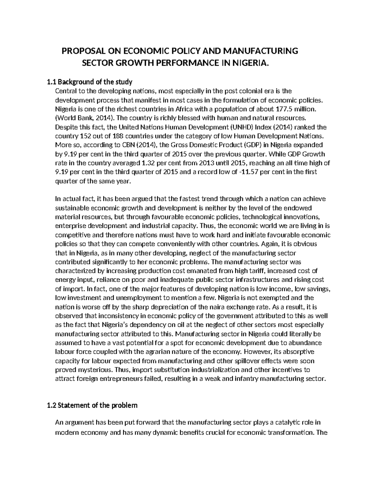 Proposal eco project - PROPOSAL ON ECONOMIC POLICY AND MANUFACTURING ...