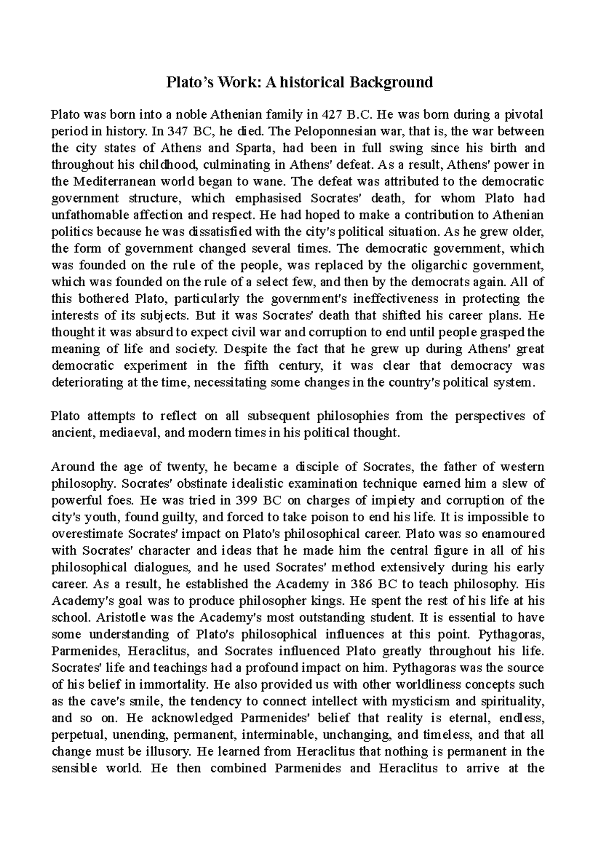 Plato’s Work A historical Background - Plato’s Work: A historical ...