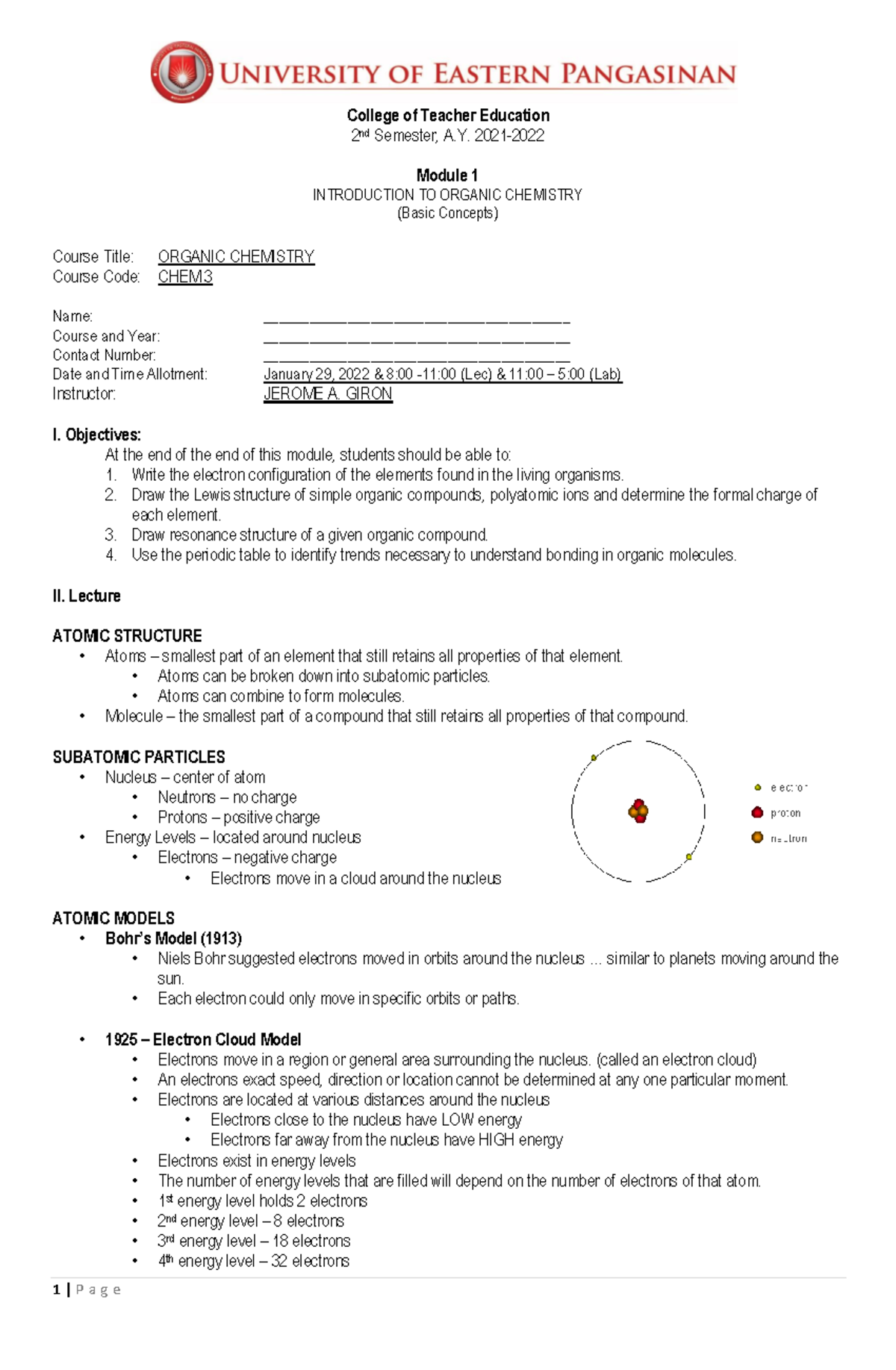 Mod 1 CHEM3 Intro to Organic Chem - College of Teacher Education 2 nd ...
