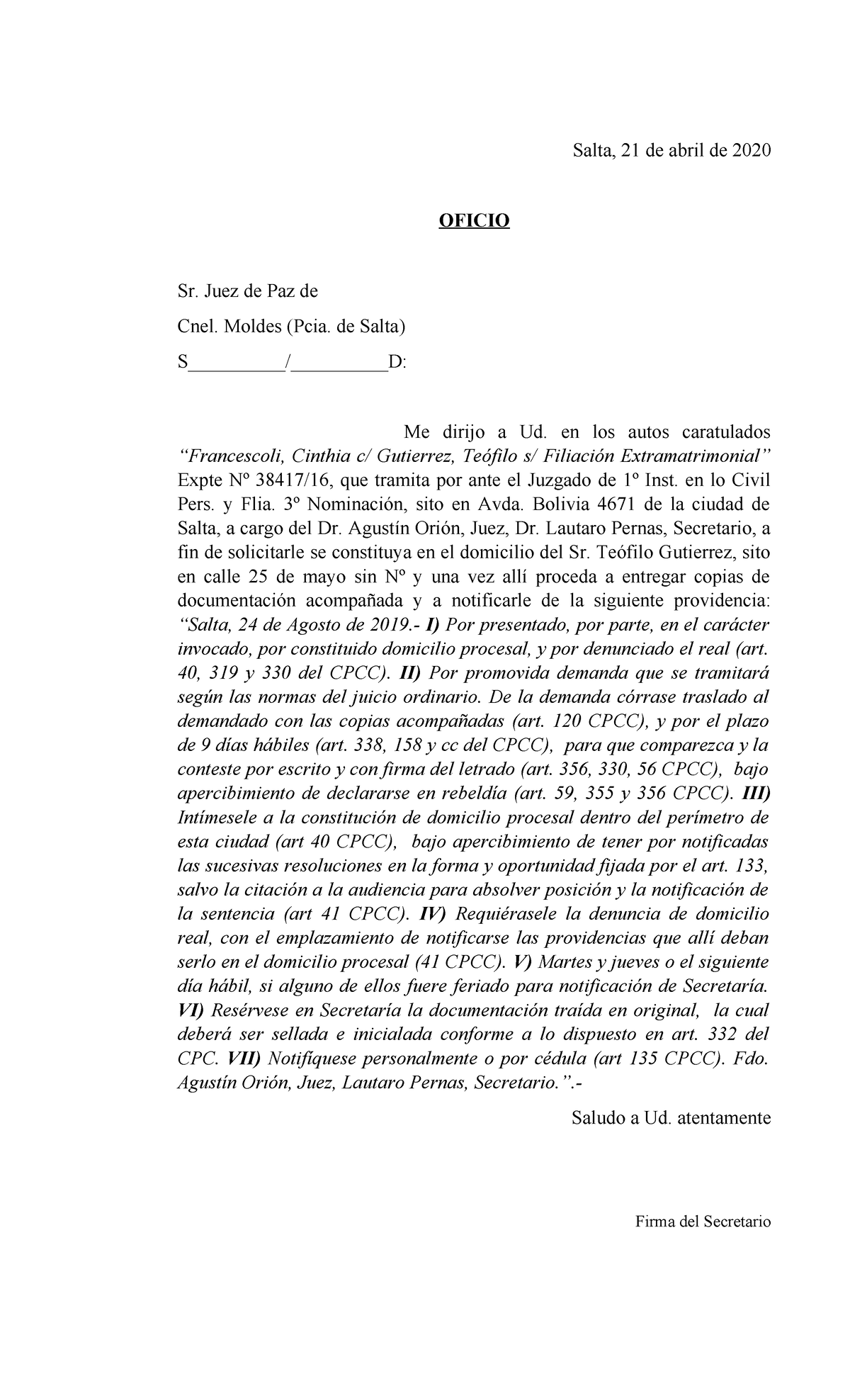 Modelo de Oficio JUEZ DE PAZ - Salta, 21 de abril de 2020 OFICIO Sr ...