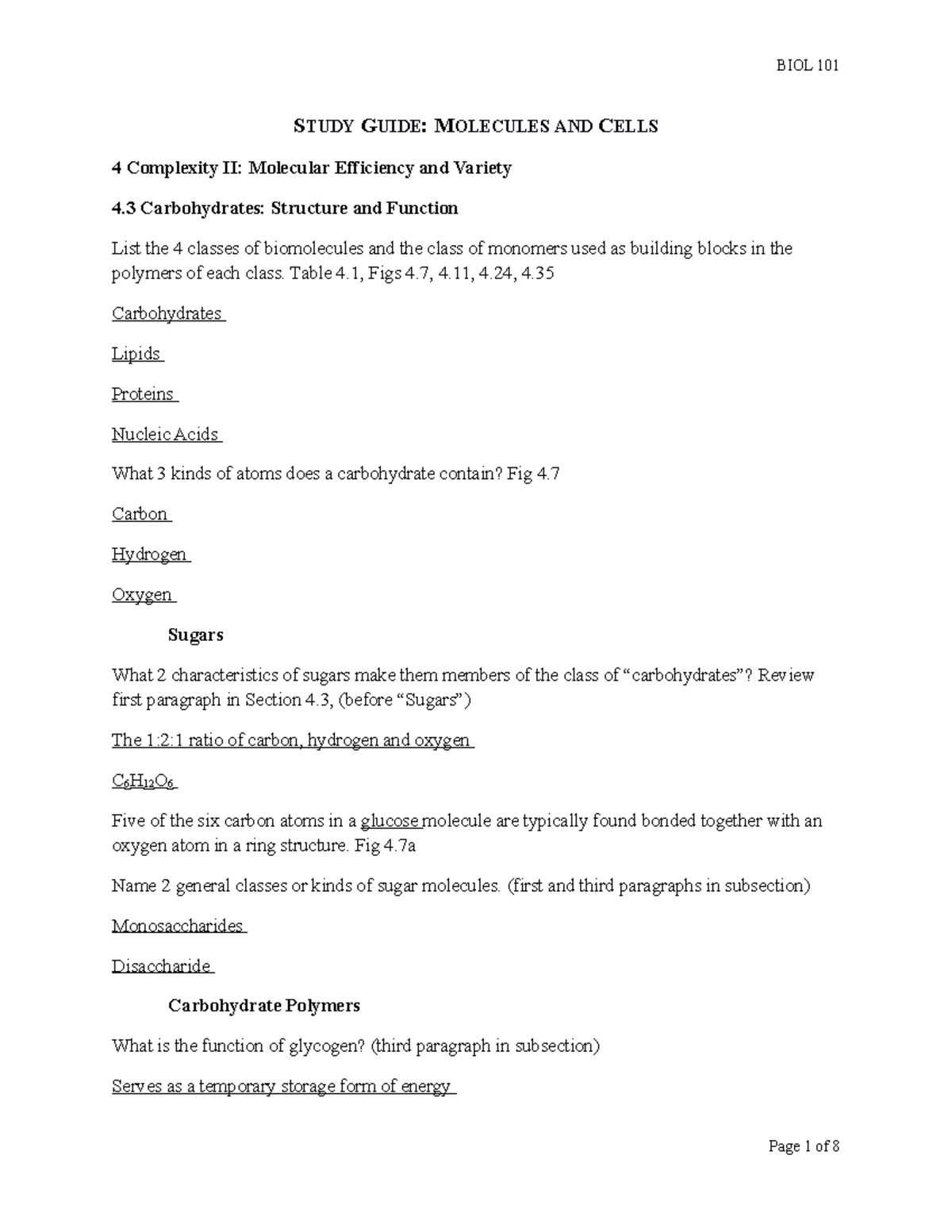Study Guide Molecules and Cells - STUDY GUIDE: MOLECULES AND CELLS 4 ...