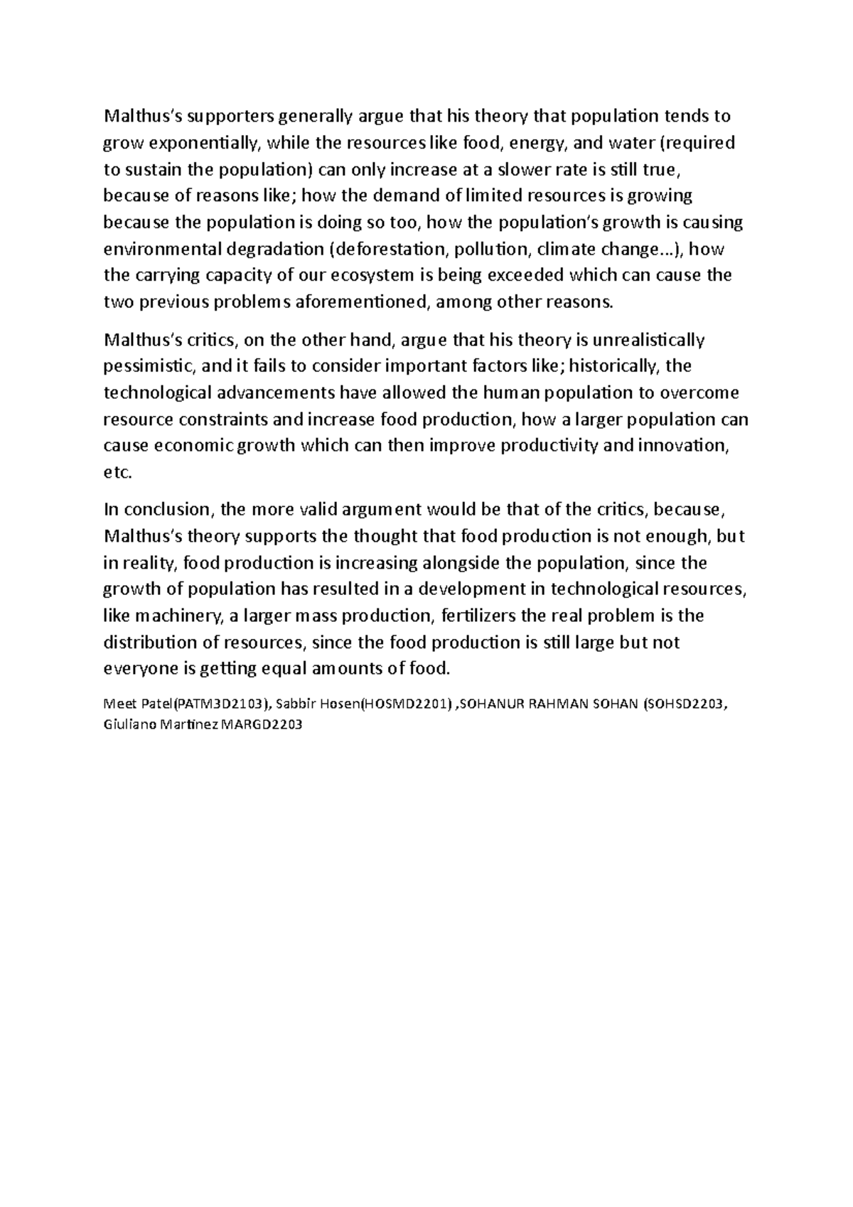 Malthus debate geog1280 - Malthus’s supporters generally argue that his ...