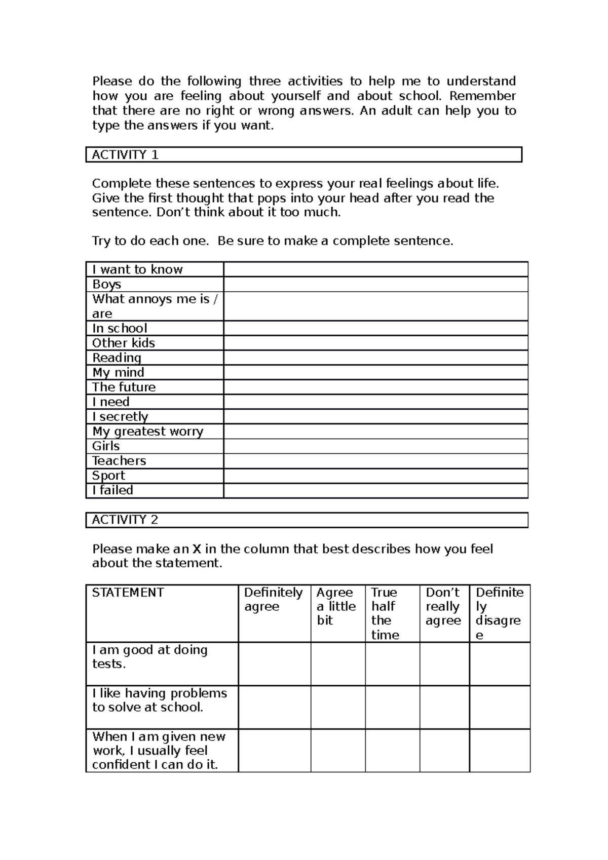 EHCP CYP Questionnaire - Please do the following three activities to ...