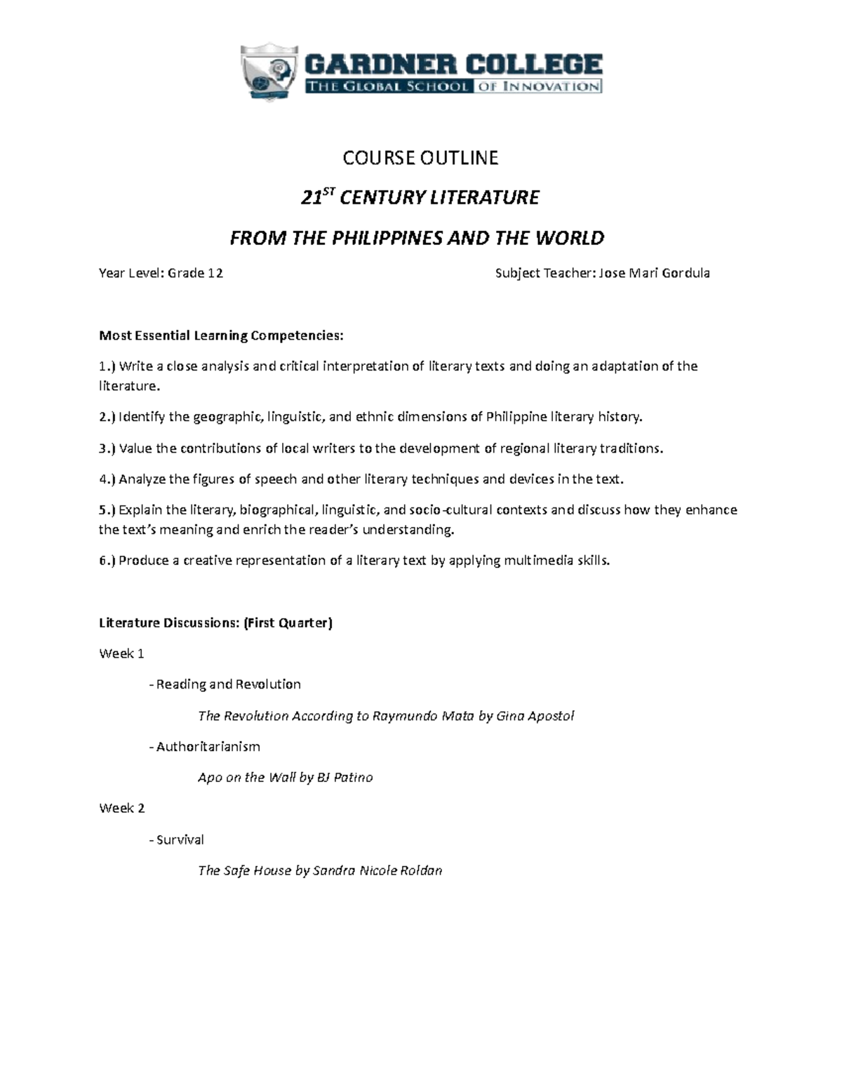 21st Century Literature - Course Outline - COURSE OUTLINE 21 ST CENTURY ...