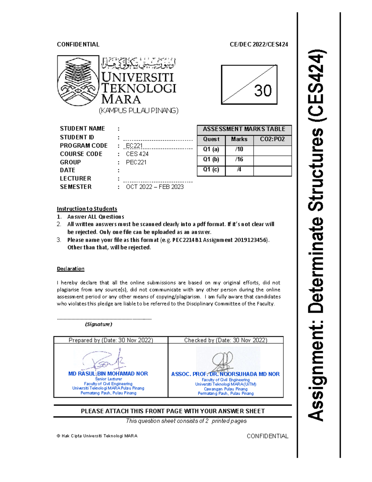 CES 424 - Assignment Oct 2022 - Feb 2023 - CONFIDENTIAL 1 CE/DEC 2022 ...