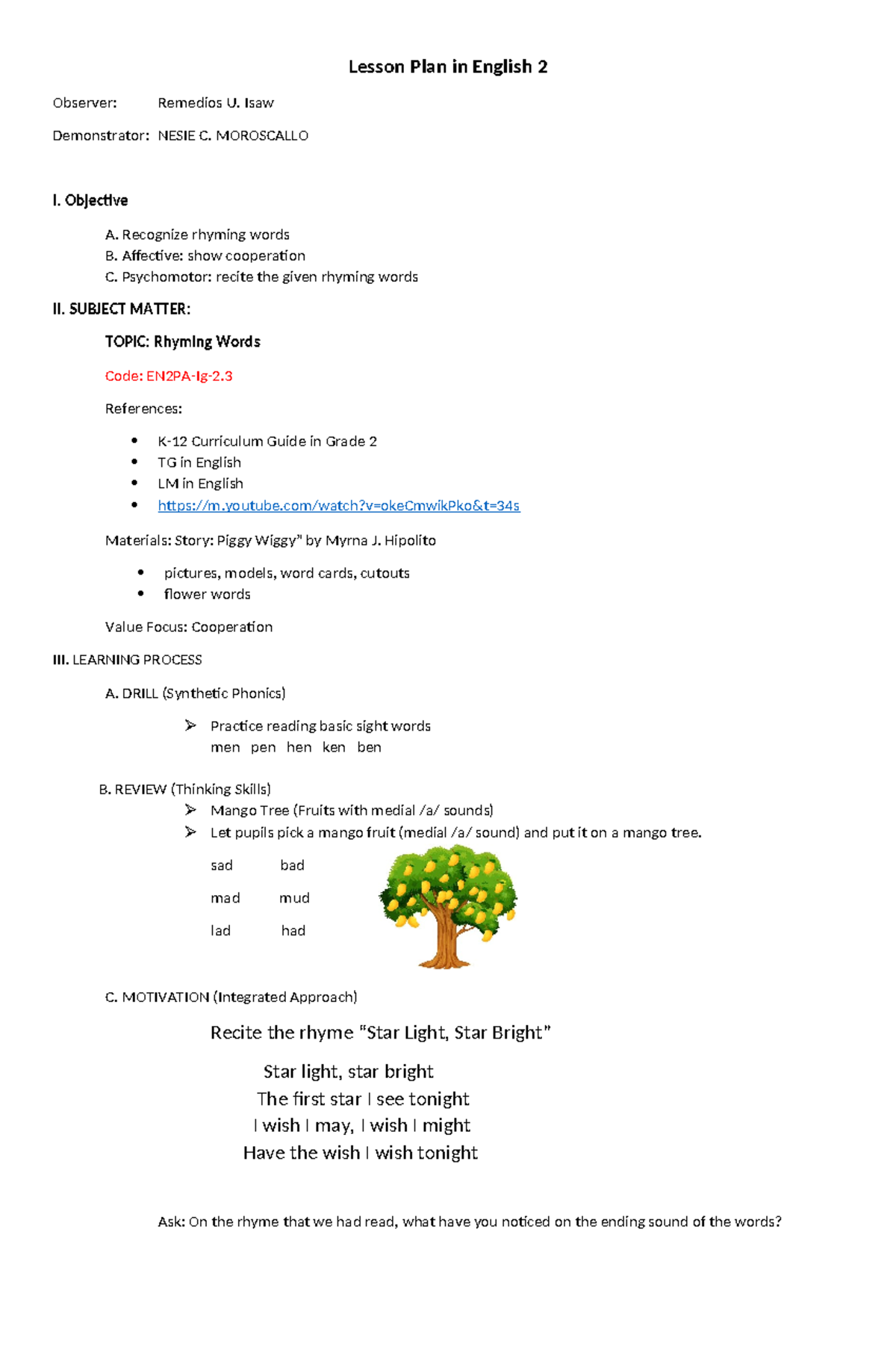 Lesson Plan in English 2 2021-2022 - Lesson Plan in English 2 Observer ...