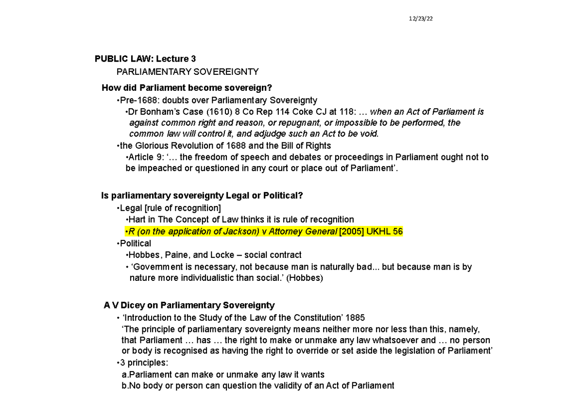 Lecture 3 Parliamentary Sovereignty - 12/23/ PUBLIC LAW: Lecture 3 ...