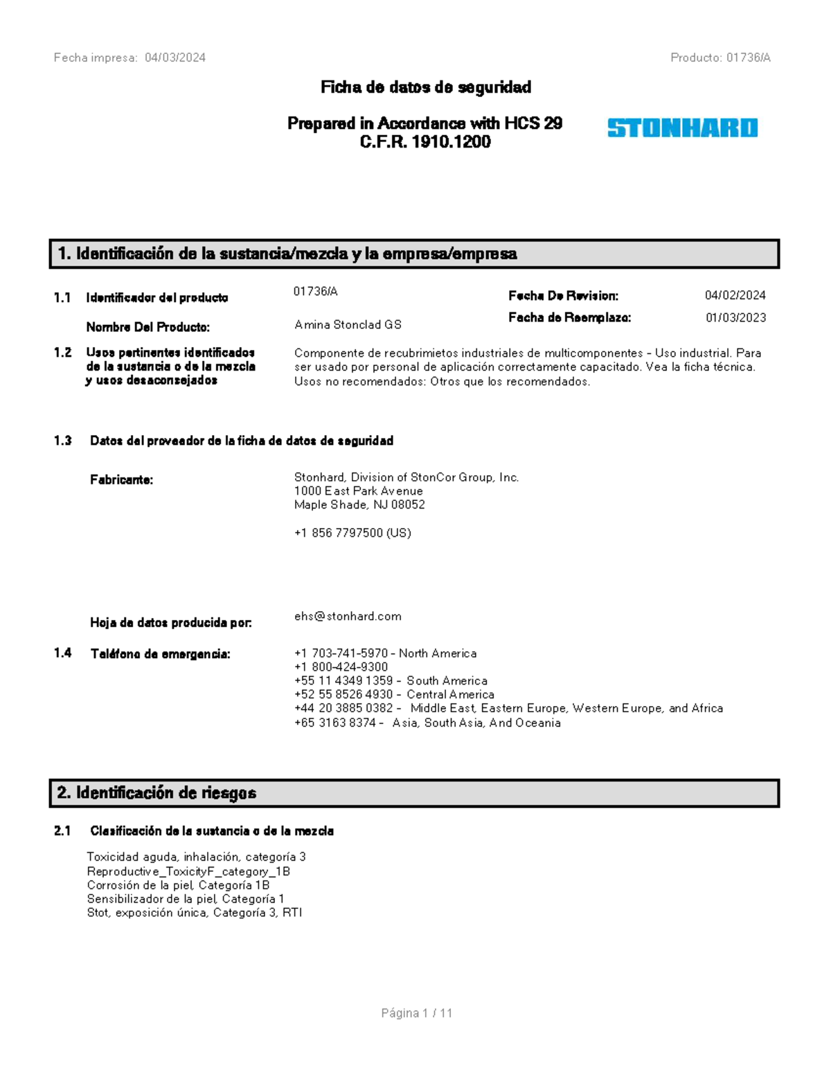 Stonclad GS Amine SDS - es ES - Ficha de datos de seguridad Prepared in ...