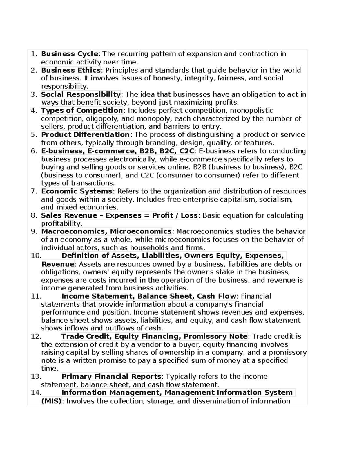 Summary notes for business practise - Business Cycle: The recurring ...