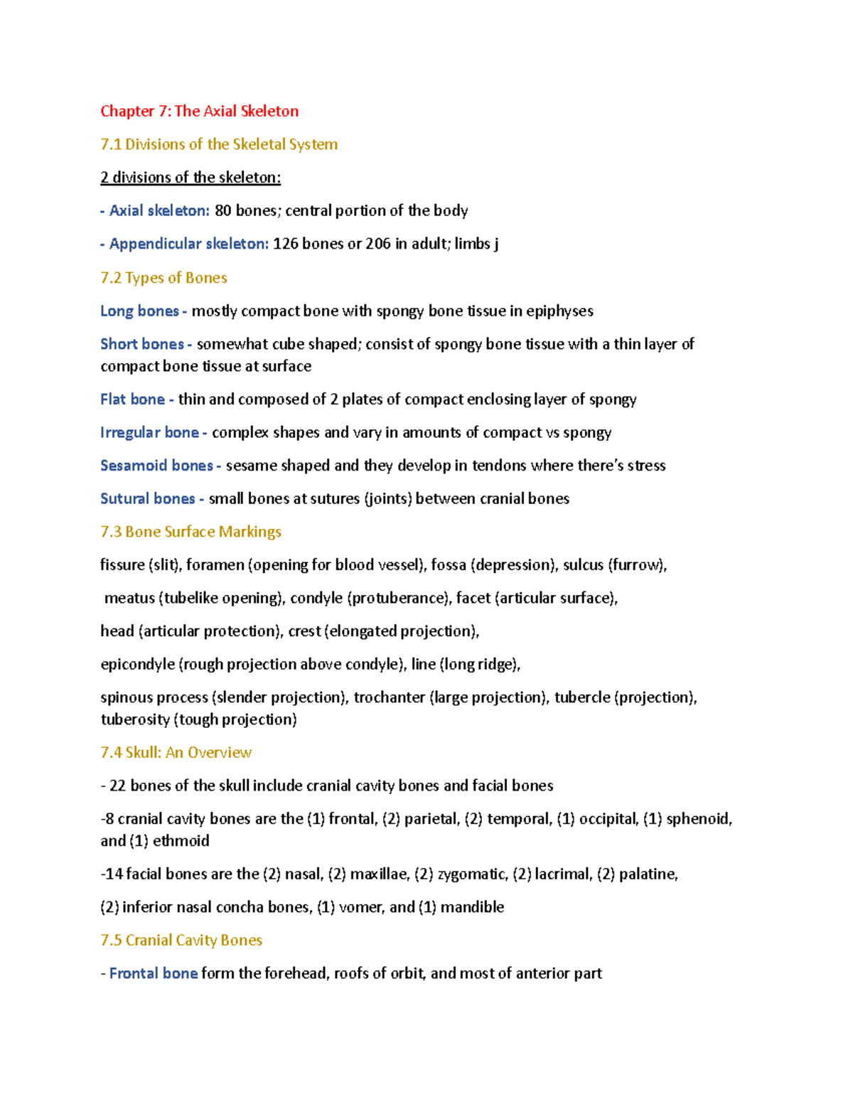 Ch 7 - summary of ch 7 - Chapter 7: The Axial Skeleton 7 Divisions of ...