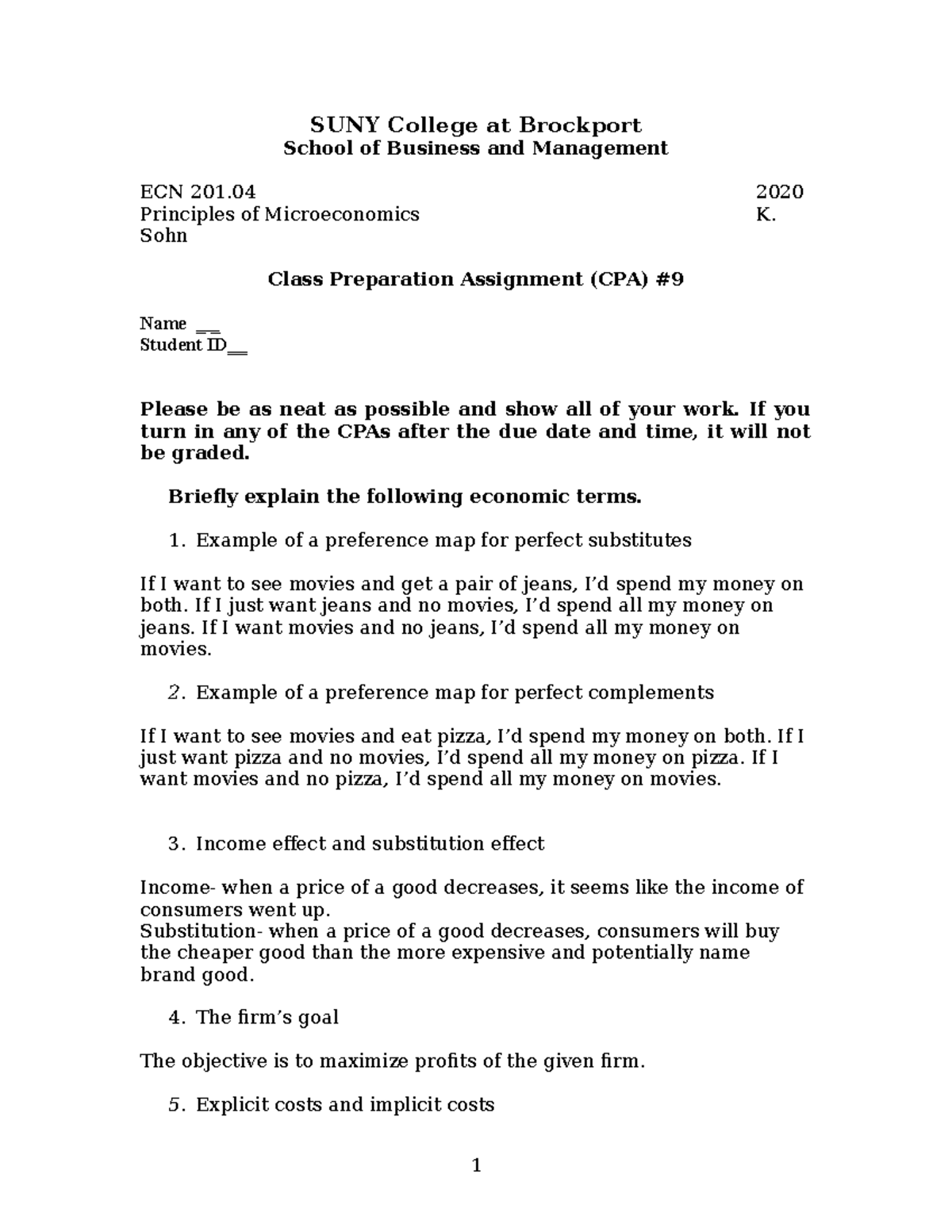 CPA 9 - Fall 2020 semester with Professor Sohn - SUNY College at ...